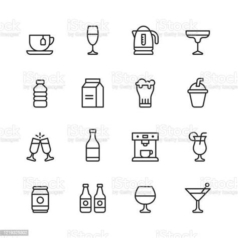 음료 및 알코올 라인 아이콘 편집 가능한 스트로크입니다 픽셀 완벽한 모바일 및 웹용 차 와인 칵테일 물 우유 맥주 밀크 쉐이크 샴페인 커피 머신 해변 음료 맥주 캔과 같은