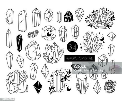 크리스탈 또는 보석 분리 클립 아트 번들 다이아몬드 흑백 라인 컬렉션 보석 돌 또는 석영 세트 손으로 그린 신비한 꽃 크리스탈 돌 바위에 대한 스톡 벡터 아트 및 기타