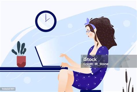 노트북으로 일하는 젊은 매력적인 여성 벡터 일러스트 레이 션 3차원 형태에 대한 스톡 벡터 아트 및 기타 이미지 3차원 형태 개념 결정 Istock