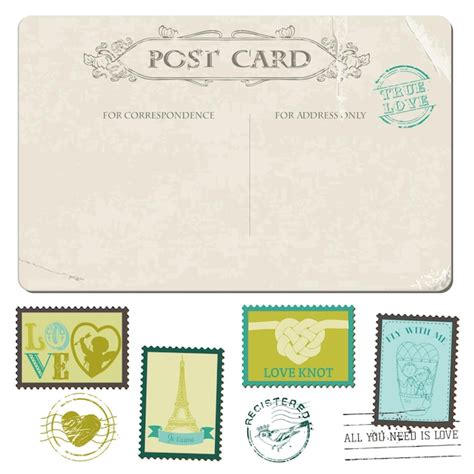 빈티지 엽서와 우표 프리미엄 벡터