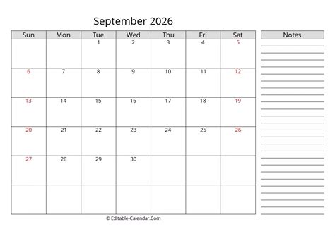 September 2026 Calendar September 2026 Calendar Printable