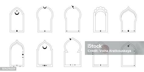 선형 스타일의 이슬람 창문 아치 및 보헤미안 스타일의 문 세트 오리엔탈 스타일의 아랍어 테두리 모음입니다 아랍어 최소 모양 아치입니다 디자인 라벨 배너 라마단 카림을 위한