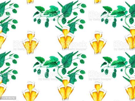 매끄러운 패턴 그린 홉과 맥주 옥토버페스트를 위한 수채화 그림 장식이나 디자인을 위해 투명한 배경에 스케치 0명에 대한 스톡 벡터 아트 및 기타 이미지 Istock