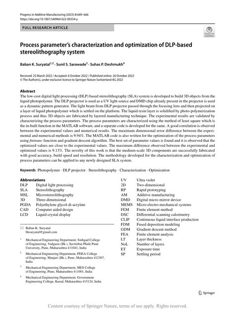 Process Parameters Characterization And Optimization Of Dlp Based