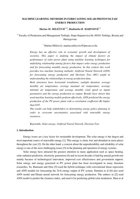 Pdf Machine Learning Methods In Forecasting Solar Photovoltaic Energy