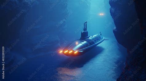 An Autonomous Submarine Navigating Through A Deep Sea Canyon Equipped With High Intensity