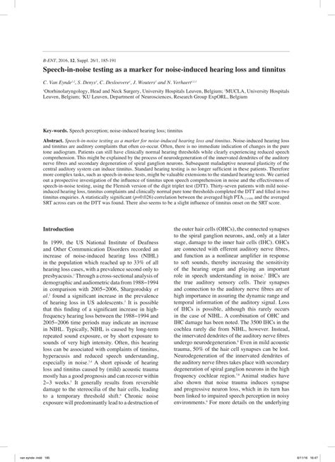 Pdf Speech In Noise Testing As A Marker For Noise Induced Hearing Loss And Tinnitus