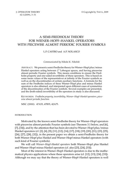 Pdf A Semi Fredholm Theory For Wiener Hopf Hankel Operators With Piecewise Almost Periodic