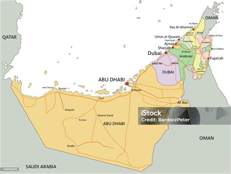 아랍 에미리트라벨에 매우 상세한 편집 가능한 정치 지도 지도에 대한 스톡 벡터 아트 및 기타 이미지 지도 두바이 아부다비 Istock