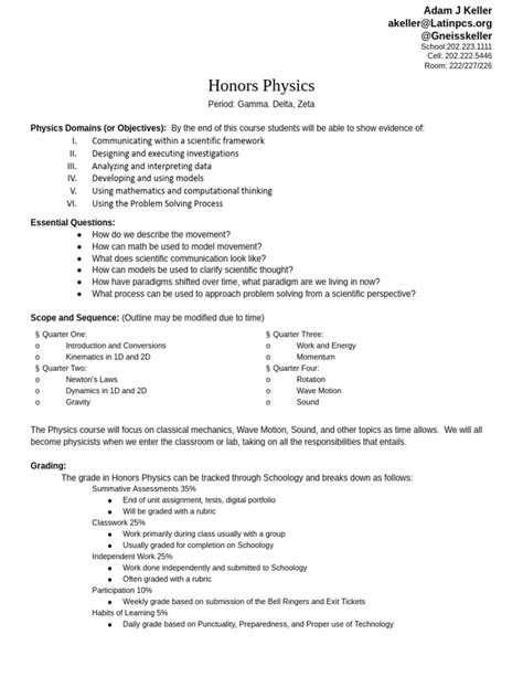 Honors Physics 2022 2023 Syllabus Pdf