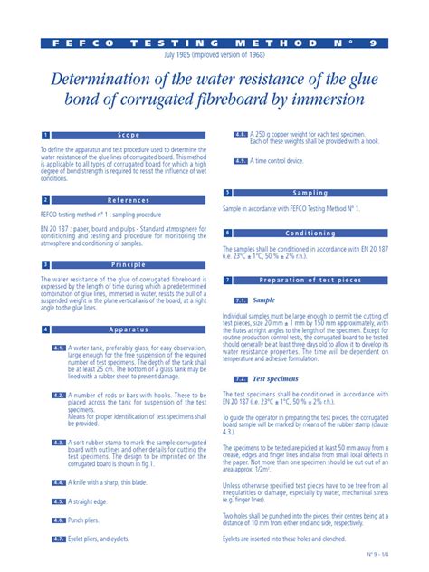 Fefco Testing Methods 009 Water Resistance Of Glue Bond Pdf