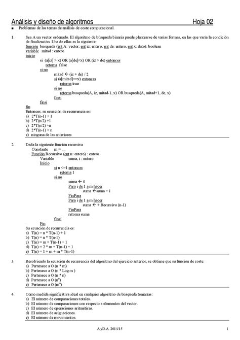 Análisis Y Diseño De Algoritmos Hoja 02 Apuntes De Ciencia Política