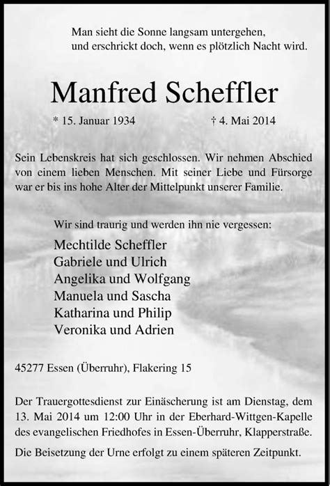 Traueranzeigen Von Manfred Scheffler Trauer In Nrw De