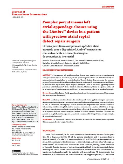 Pdf Complex Percutaneous Left Atrial Appendage Closure Using The Lambre™ Device In A Patient