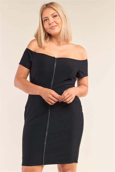 Plus Size Fitted Off The Shoulder Front Zipper Bodycon Mini