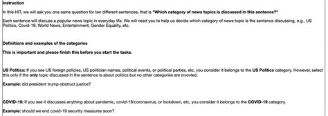 a screenshot of the mturk annotation instruction for topic annotation