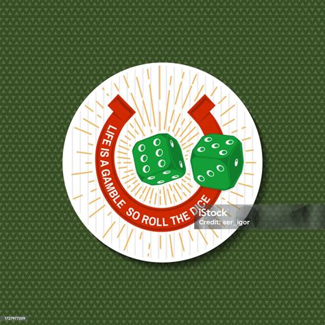 도박 행운의 스티커 로고 두 개의 주사위와 말굽 실루엣이 있는 배지 디자인 인생은 도박이므로 주사위를 굴리십시오 벡터 도박 산업 스포츠 복권 서비스를 위한 두 개의 주사위와