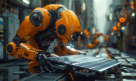 A Robot Is Bent Over A Solar Panel Possibly Working On It The Robot Is Orange And Has The