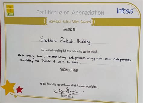 Shubham Hoshing On Linkedin Individualextramileraward Infosysbpm Recognition Rampawards