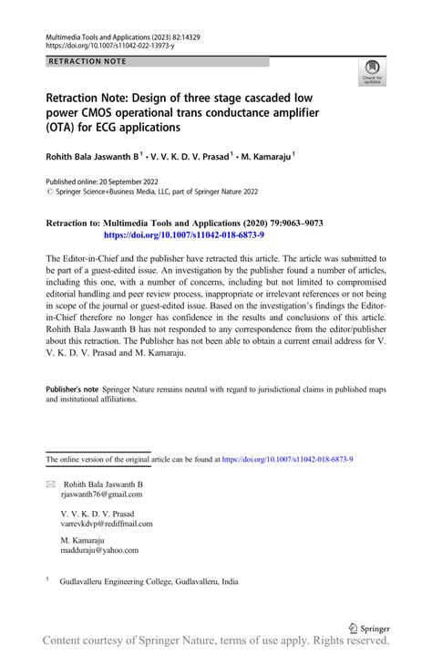 Retraction Note Design Of Three Stage Cascaded Low Power Cmos Operational Trans Conductance