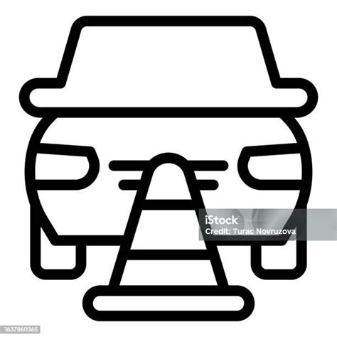 자동차 라인 아이콘에 대한 비상 정지 주의 모자 기호가 있는 자동차 흰색 배경에 윤곽선 스타일 픽토그램 도로 충돌과 사고는