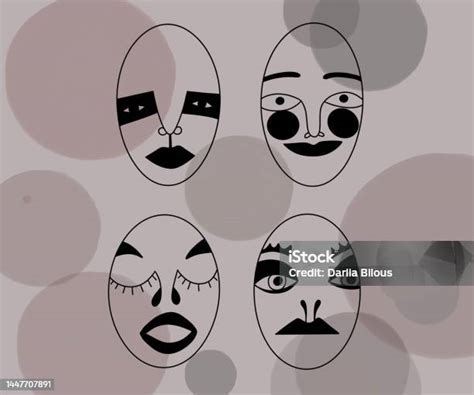 그림 파스텔 거품이 있는 베이지색 배경에 다양한 표정과 감정을 가진 여러 무서운 이상한 머리 특이한 추상 초상화 감정 기복에 대한 스톡 벡터 아트 및 기타 이미지 Istock