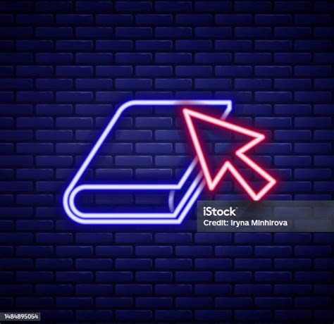 빛나는 네온 라인 벽돌 벽 배경에 분리된 온라인 책 아이콘 인터넷 교육 개념 E러닝 리소스 원격 온라인 과정 다채로운 개요 개념입니다 벡터 0명에 대한 스톡 벡터 아트 및