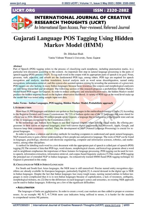 Gujarati Language POS Tagging Using Hidden Markov Model HMM Dikshan Shah Vanita Vishram