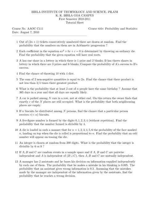 Tutorial Sheet BIRLA INSTITUTE OF TECHNOLOGY AND SCIENCE PILANI K K BIRLA GOA CAMPUS