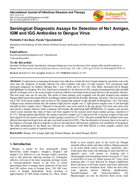 Pdf Serological Diagnostic Assays For Detection Of Ns1 Antigen Igm And Igg Antbodies To