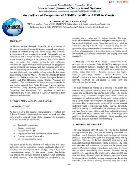 Pdf Simulation A Nd Comparison Of Aomdv Aodv And Dsr I N Manets