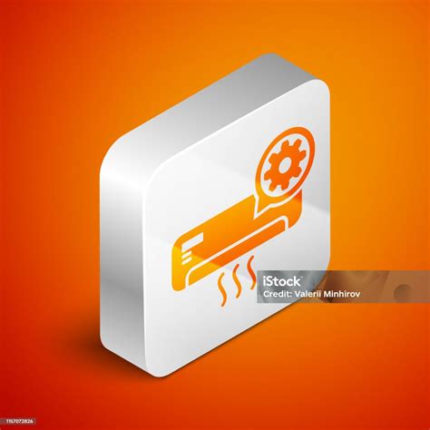 주황색 배경에 격리된 등각칭 에어컨 및 기어 아이콘 응용 프로그램 서비스 개념 설정 옵션 유지 보수 수리 수정을 조정합니다 실버 스퀘어 버튼 벡터 일러스트레이션 개념에 대한