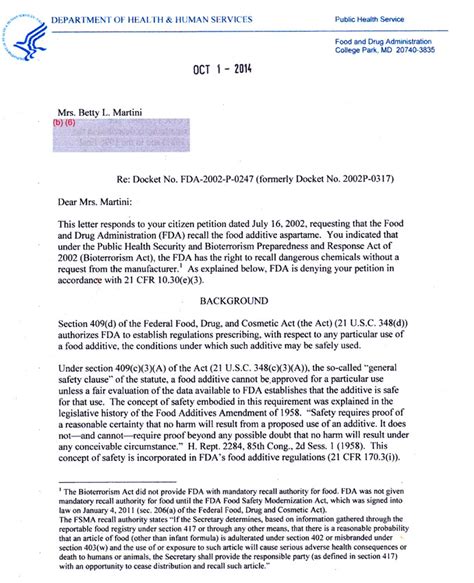 Citizen Petition Denial Letter Response From FDA CFSAN ToBetty Martini