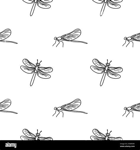 Dragonfly Vector Illustration Monochrome Seamless Pattern Dragonfly