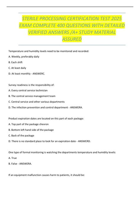 Sterile Processing Certification Test 2025 Exam Complete 400 Questions With Detailed Verified