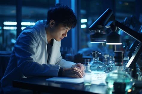 Lab Technician Examining Biomaterial Samples Under Microscope For Analyzing Biological