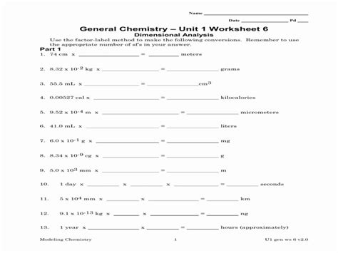 Chemistry Unit 1 Worksheet 6 Dimensional Analysis