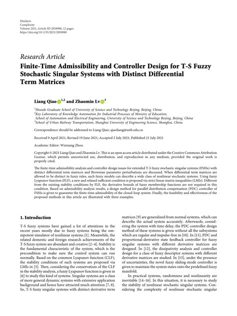 Pdf Finite Time Admissibility And Controller Design For T S Fuzzy Stochastic Singular Systems
