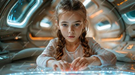 Young Girl Operating Controls In A Futuristic Spaceship Cockpit With Glowing Panels Premium Ai