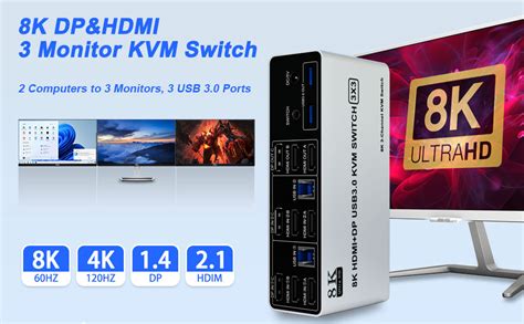 8k 60hz Kvm Switch 3 Monitors 2 Computers 4k 144hz 2 Hdmi Displayport Kvm Switch