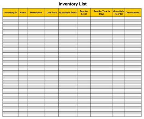An Inventory List Is Shown In This Image
