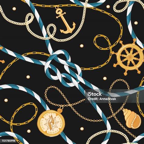 패브릭 디자인에 대 한 황금 체인과 앵커 패션 완벽 한 패턴입니다 밧줄 매듭 깃발 및 해상 요소와 해양 배경입니다 벡터 일러스트 기에 대한 스톡 벡터 아트 및 기타 이미지