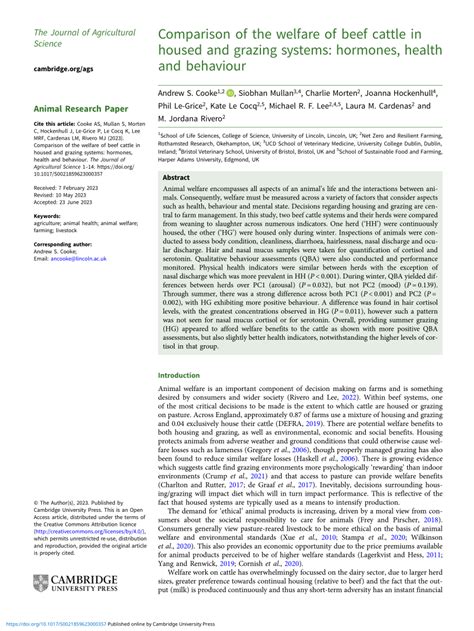 Pdf Comparison Of The Welfare Of Beef Cattle In Housed And Grazing