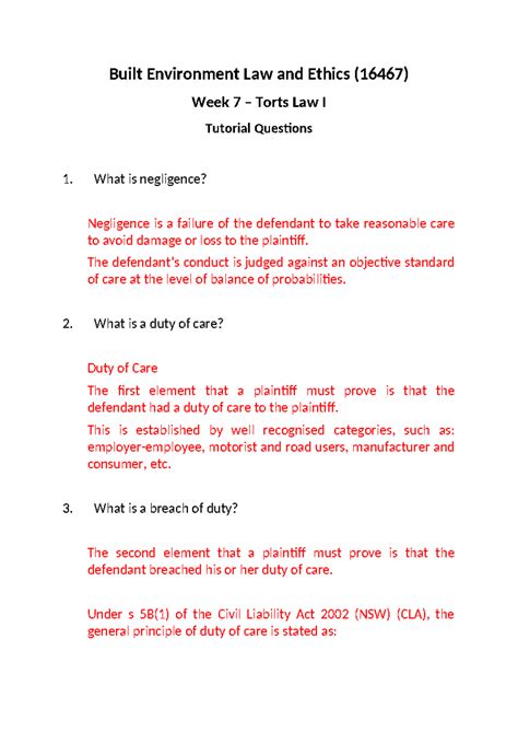Week 5 Torts Law I Tutorial Questions With Answers Built Environment Law And Ethics