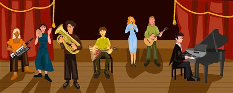 극장 무대에서 오케스트라 공연 음악원에서 클래식 음악 콘서트 문화 행사 개념입니다 뮤지컬 밴드 멤버 교향곡을 연주하는 만화 음악가 캐릭터 벡터 그림 Classical