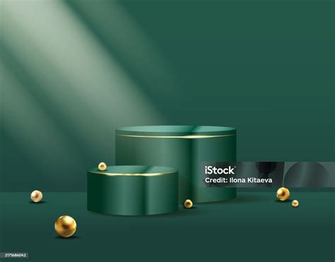 최소한의 장면 기하학적 연단 플랫폼 고급스러운 녹색의 받침대와 금색 테두리와 구체 프리젠 테이션 광고 배너 템플릿을위한 현실적인