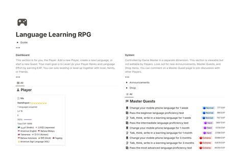 Language Learning Rpg Notion Template