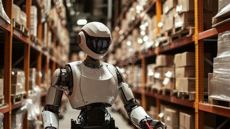 Warehouse Robot A Sleek Robot Navigating An Organized Warehouse Filled