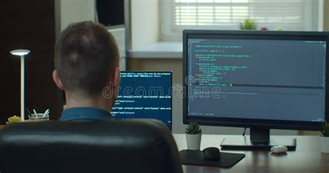 Man Coding Html And Programming On Screen Monitors Development Web