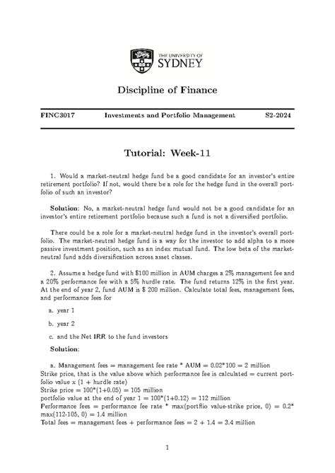 Tutorial Wk11 Solution Discipline Of Finance Finc3017 Investments And Portfolio Management S2